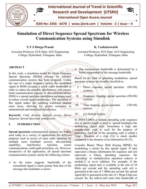 Simulation Of Direct Sequence Spread Spectrum For Wireless Communication Systems Using Simulink
