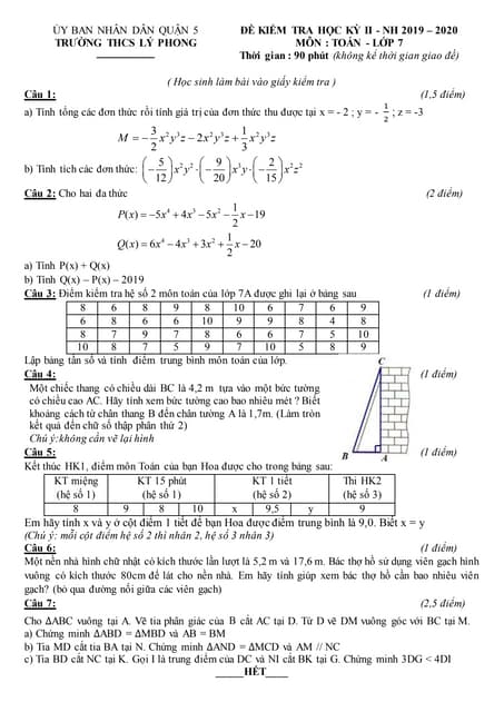 Đề Thi HK2 Toán 7 - THCS Bình Trị Đông | DOCX | Physics | Science