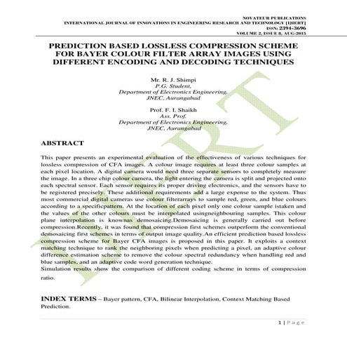 PREDICTION BASED LOSSLESS COMPRESSION SCHEME FOR BAYER COLOUR FILTER ARRAY IMAGES USING ...