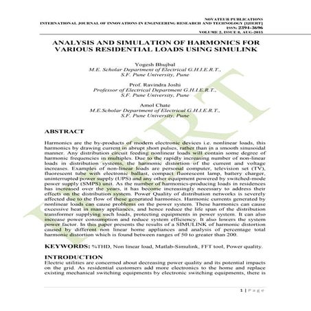 ANALYSIS AND SIMULATION OF HARMONICS FOR VARIOUS RESIDENTIAL LOADS USING SIMULINK | PDF