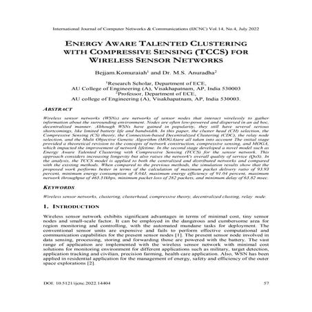 Energy Aware Talented Clustering with Compressive Sensing (TCCS) for Wireless Sensor Networks | PDF