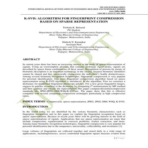 K-SVD: ALGORITHM FOR FINGERPRINT COMPRESSION BASED ON SPARSE REPRESENTATION | PDF