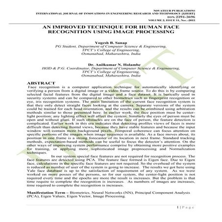 An Improved Technique For Human Face Recognition Using Image Processing Pdf