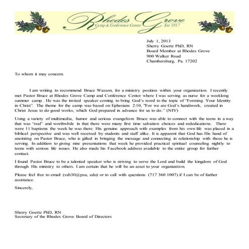 Youth Camp Letter of Recomendation | DOCX