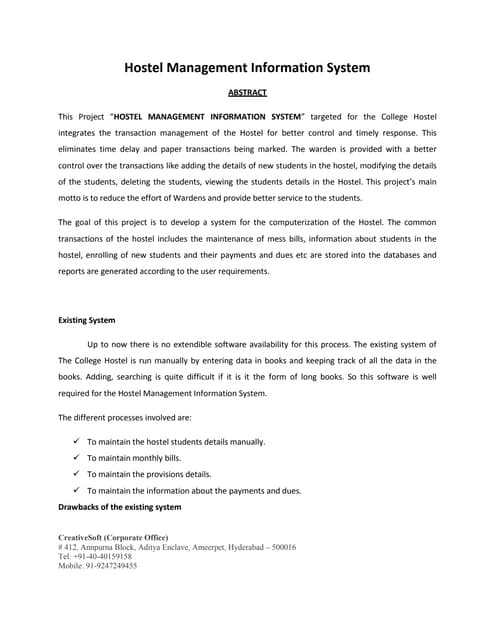 Hostel management system Software Engineering SRS | DOCX