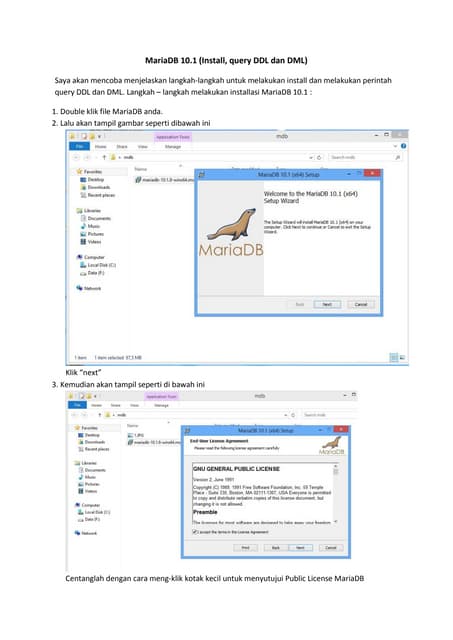 Langkah langkah menginstall maria db, penerapan ddl dan dml | PDF