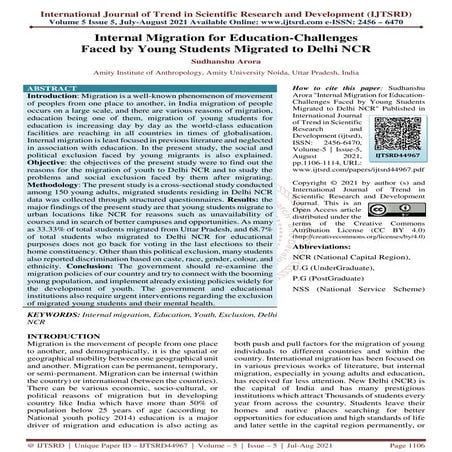 Internal Migration for Education Challenges Faced by Young Students Migrated to Delhi NCR | PDF