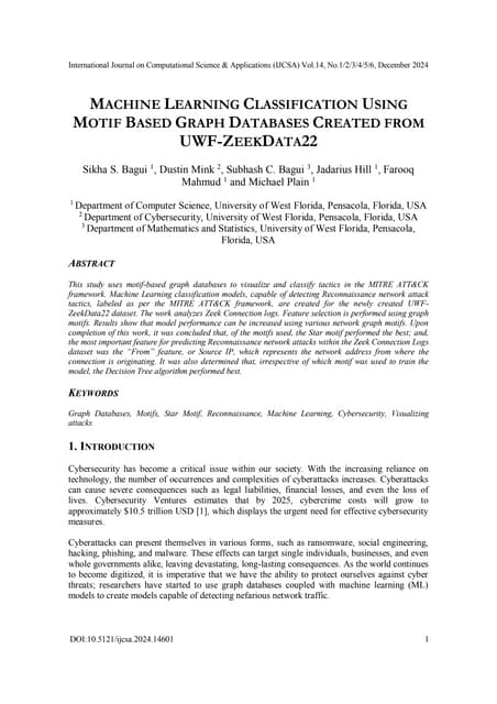 Machine Learning Classification Using Motif Based Graph Databases Created From Uwf Zeekdata22 Pdf