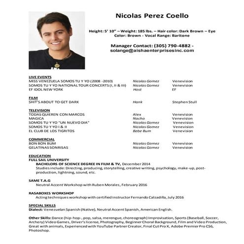 Nicolas Perez Actor Resume Actuacion (FOTO) | PDF