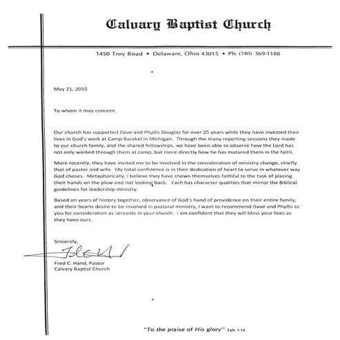 Recommendation from Calvary Baptist Church | PDF