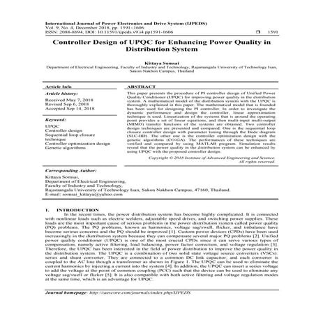 Controller Design of UPQC for Enhancing Power Quality in Distribution System | PDF