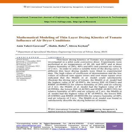 Mathematical Modeling of Thin Layer Drying Kinetics of Tomato Influence ...