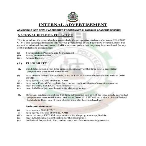 fed poly ilaro new courses 2016/2017 www.alluniversitynews.com
