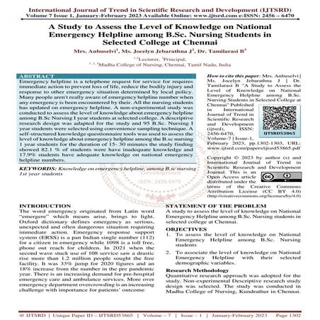 A Study to Assess the Level of Knowledge on National Emergency Helpline ...