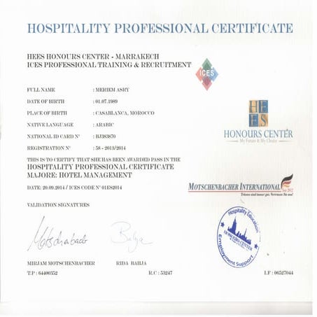 HOSPITALITY PROFESSIONNAL CERTIFICATE | PDF