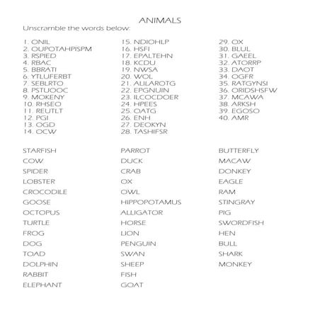 14 animals unscramble | DOC