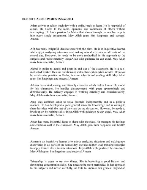 Report card comments Sample for Islamic School | PDF