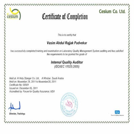 INTERNAL QUALITY AUDITOR CERT. | PDF
