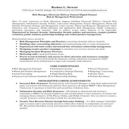 Reuben L Stewart Risk Manager 2015 | PDF