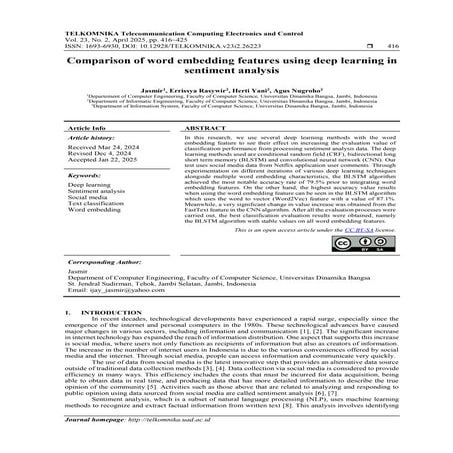 Comparison Of Word Embedding Features Using Deep Learning In Sentiment