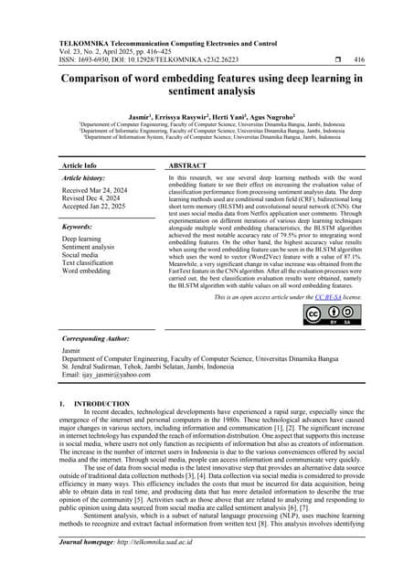 Comparison Of Word Embedding Features Using Deep Learning In Sentiment