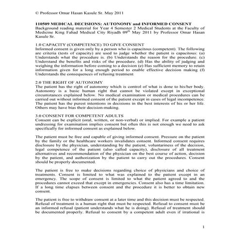Medical decisions and informed consent by Prof. Omar Kasule | PDF