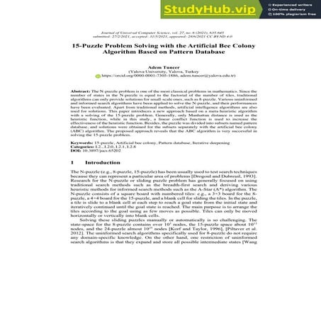 15 Puzzle Problem Solving With The Artificial Bee Colony Algorithm Based On Pattern Database Pdf 