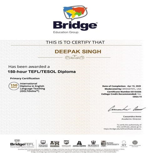 Bridge TEFL IDELT Official Transcript of Deepak (Danny) Singh | PDF