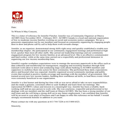 ACORN - Letter of Reference Jennifer Fletcher Feb 2015 | DOC