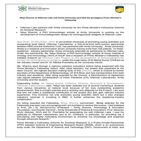 Nitya Sharma at Hilleman Labs and Amity University awarded the ...