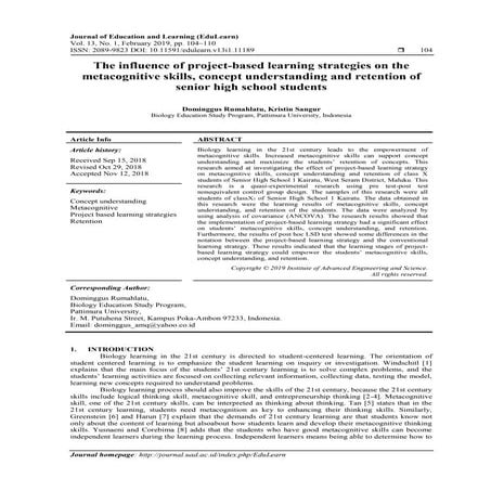 The influence of project-based learning strategies on the metacognitive skills, concept ...