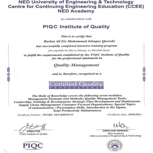 Certified Quality Professional Certificate-NED university (PIQC | PDF