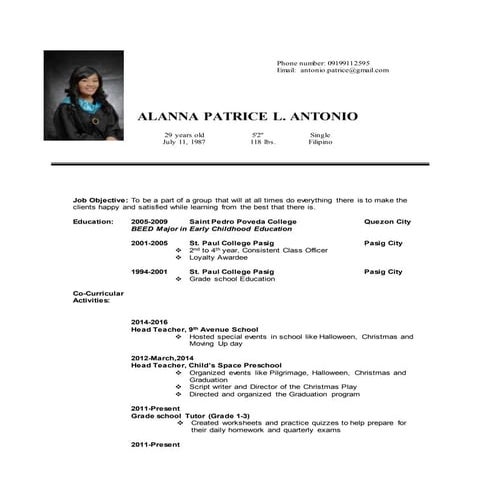 Resume 2016 | DOCX | Daycare and Pre-School | Parenting