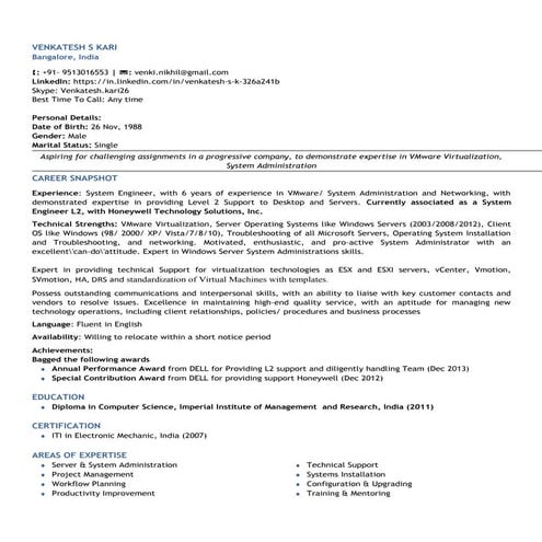 Venkatesh S Kari_IT_Senior System Engineer_6 years_CV | DOC