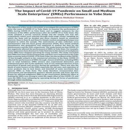 The Impact of Covid 19 Pandemic on Small and Medium Scale Enterprises’ SMEs Performance in Yobe ...