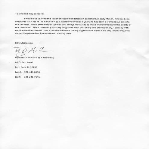 Chick-Fil-A recommendation letter | PDF