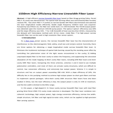 1550nm high efficiency narrow linewidth fiber laser | DOC