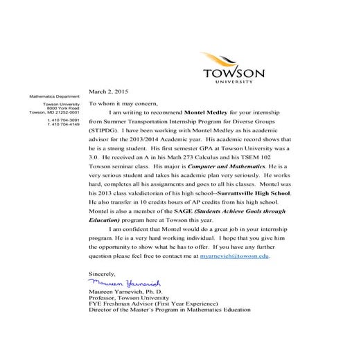 Good Montel Medley letter of recommendation final (1) (1) | PDF
