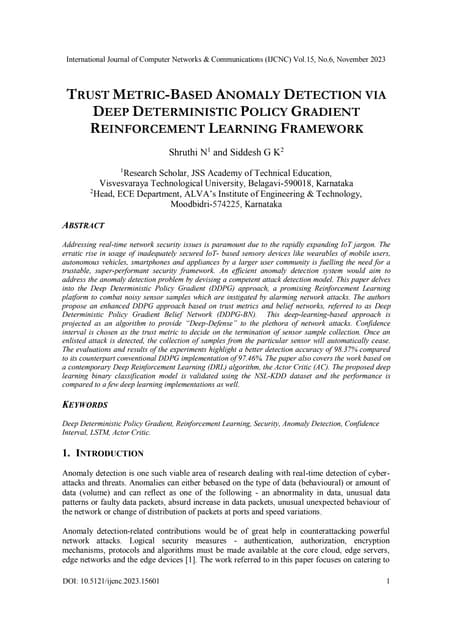 Trust Metric Based Anomaly Detection Via Deep Deterministic Policy Gradient Reinforcement