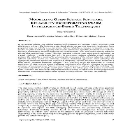 Modelling Open Source Software Reliability Incorporating Swarm Intelligence Based Techniques Pdf