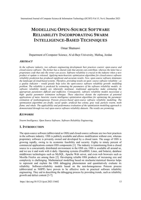 Modelling Open Source Software Reliability Incorporating Swarm Intelligence Based Techniques Pdf