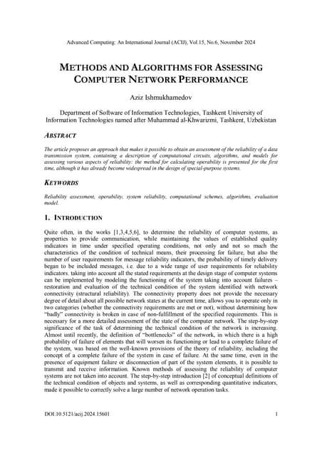 Methods And Algorithms For Assessing Computer Network Performance Pdf