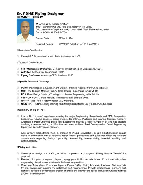 RESUME-Piping Design Engineer - 13+Years Exp | PDF
