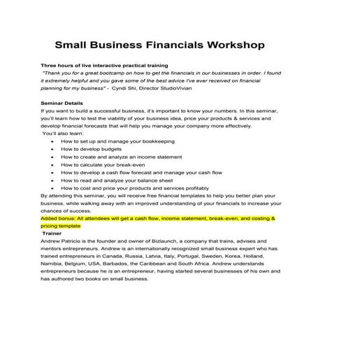 Small Business Financials Workshop | PDF