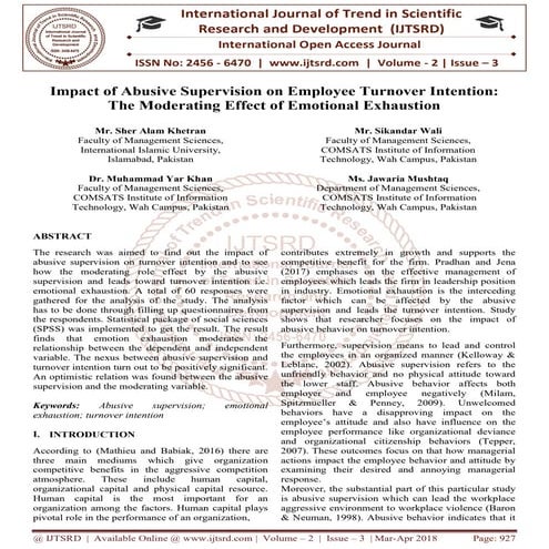 Impact of Abusive Supervision on Employee Turnover Intention: The Moderating Effect of Emotional ...