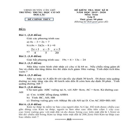 Đề Thi HK2 Toán 8 - THCS Doi Lầu | PDF