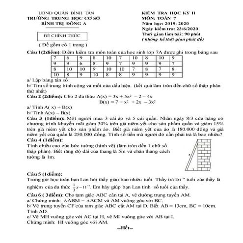 Đề Thi HK2 Toán 7 - THCS Bình Trị Đông A | DOC