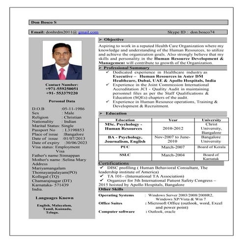 DON BOSCO - HUMAN RESOURCES - RESUME | PDF