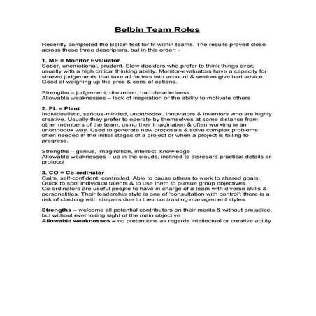 Belbin team role descriptions overview official | PDF