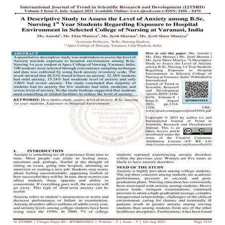A Descriptive Study to Assess the Level of Anxiety among B.Sc. Nursing ...